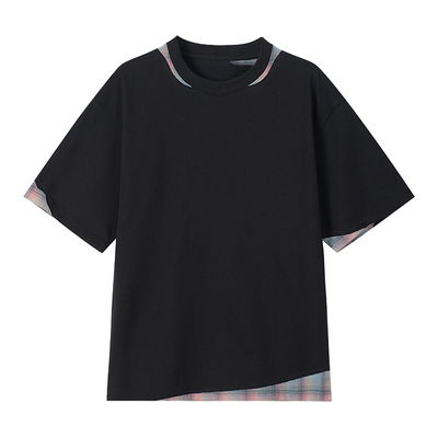 CAKUNTA重磅不规则格纹拼接短袖