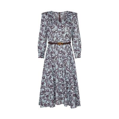 MESUX米岫秋季真丝v领垫肩印花度假风腰带收腰休闲连衣裙MKFUO612