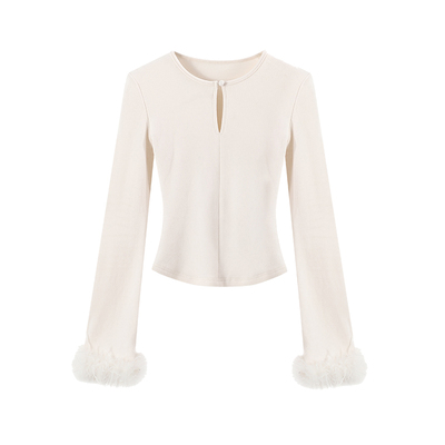 白色圆领拼接毛毛打底T恤女秋冬