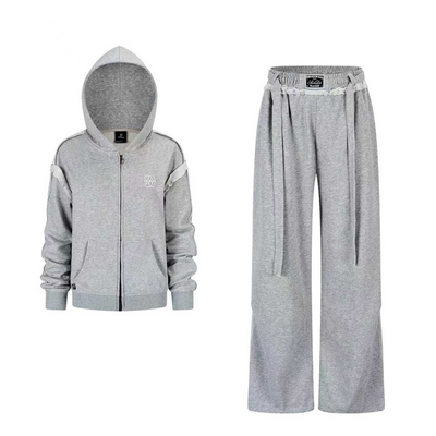 SMILE DDD毛边套装花灰色280g美式简约刺绣开衫宽松休闲运动卫裤