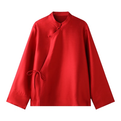 羊毛真丝设计师立领斜襟外套