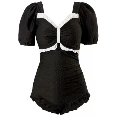 黑色连体裙式保守学生泡温泉泳装