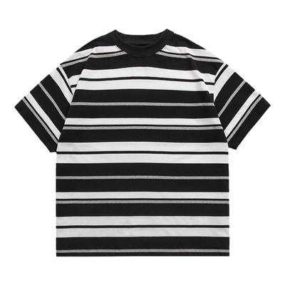 DICEOFF日系圆领潮牌夏季体恤重磅粗条纹圆领男士t恤短袖2024新款
