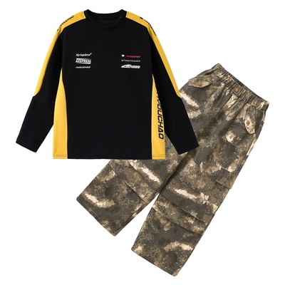 街舞儿童嘻哈潮服架子鼓表演服男女童hiphop迷彩长裤酷帅卫衣套装