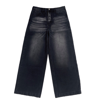 水洗套色复古黑牛仔阔腿裤
