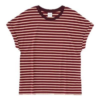 MOUSSY 春季新品复古撞色条纹圆领折边短袖T恤010IS890-2121