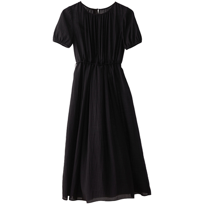 CR黑色圆领灯笼袖宽松连衣裙