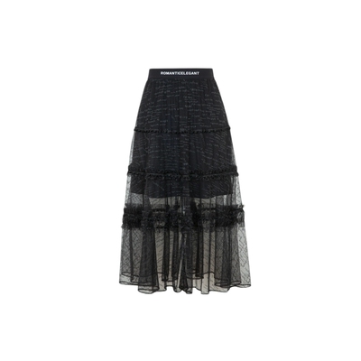 XG/雪歌XJ303015A590黑色半身裙时尚秋季新款蕾丝网纱拼接A字裙女