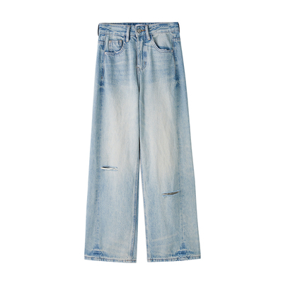 REMOULD 2024夏新款美式潮破洞宽松浅蓝直筒辣妹薄款阔腿牛仔裤女