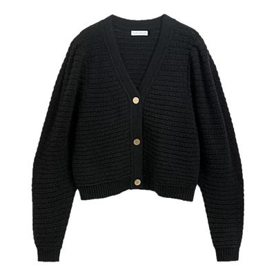 元！尾【法式小香风】菠萝针织V领泡泡袖金扣羊毛针织开衫外套