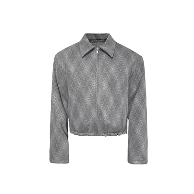 JCAESAR FLEECE JACKET 灰菱格抽绳夹绒夹克 毛呢醋酸 合体短