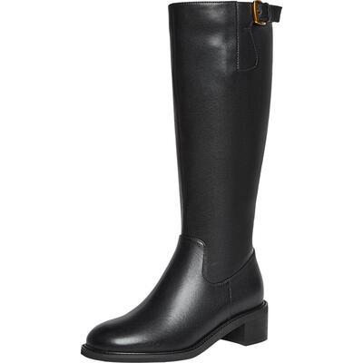 百思图25冬新款牛皮圆头粗跟骑士靴通勤女大筒围高筒长靴AX891DG5