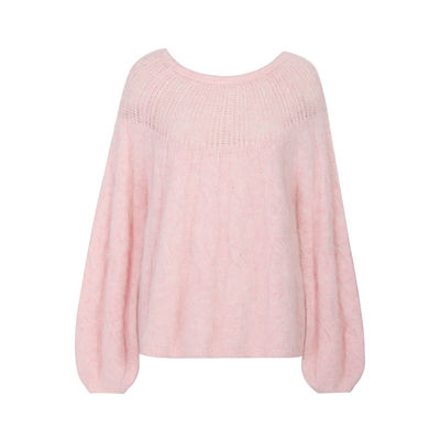 miorastudio法式雪粉色镂空圆领毛衣 羊驼毛混纺宽松拉毛针织衫