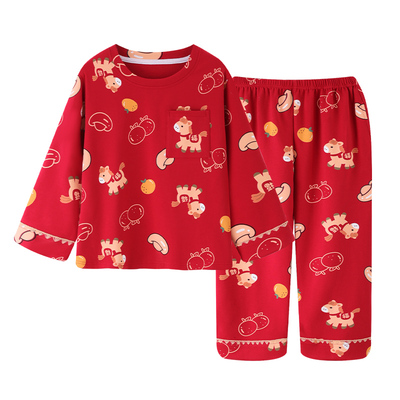 2026马年新款儿童红色睡衣春季纯棉长袖本命年女童大童家居服套装