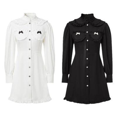 原创设计纯色双层领撞色衬衫裙