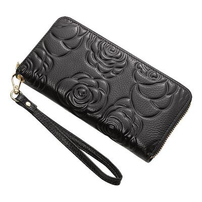 山茶花真皮长款拉链手拎包放手机