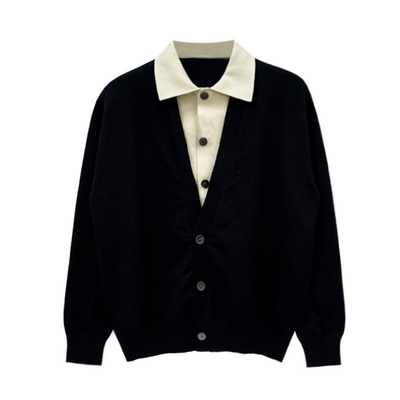 开衫针织衫假两件拼接翻领毛衣