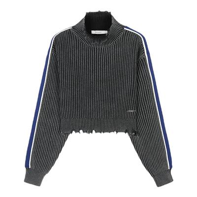 MOUSSY 冬季新品废土风磨破下摆金属标针织衫女010HAL70-5591