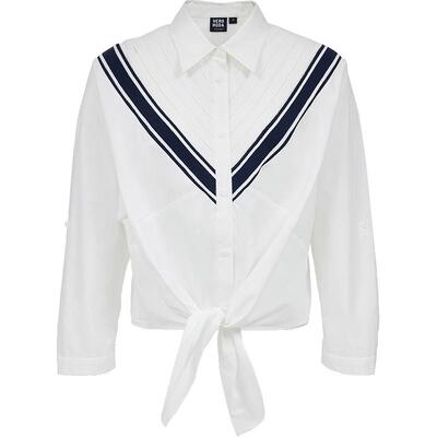 VeroModa下摆打结条纹拼接衬衫