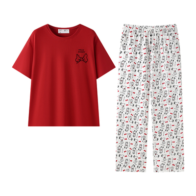 贝妍女夏薄款短袖长裤新年红睡衣