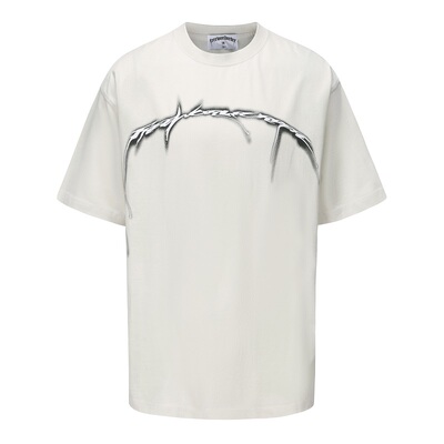 印花水洗刷蜡圆领短袖T恤