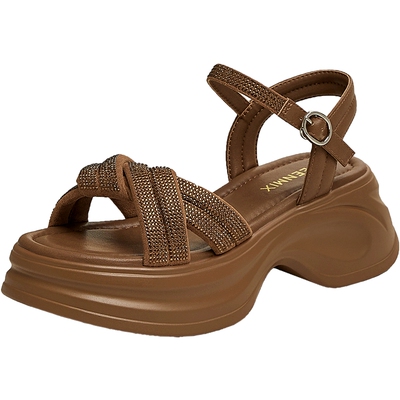 天美意新款商场同款时尚水钻厚底女一字带凉鞋BK941BL5