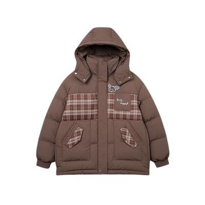 紫涵短款连帽羽绒服女2025年冬季新款撞色格纹拼接小个子鸭绒外套