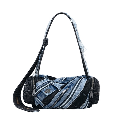 Desigual牛仔拼接绗线装饰可调节肩带单肩手提包斜挎包