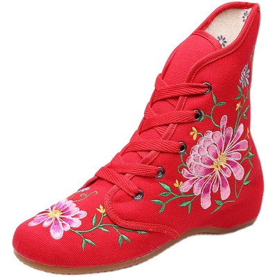 老北京布鞋秋冬季新款女系带高帮