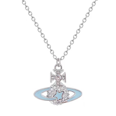 西太后爆闪满钻土星蓝色流星项链