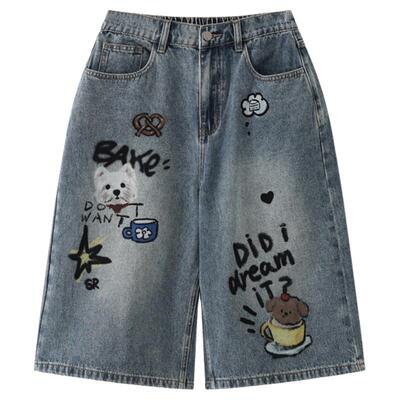 西町村屋趣味涂鸦小狗印花七分裤2026夏新款休闲牛仔裤XABB10048