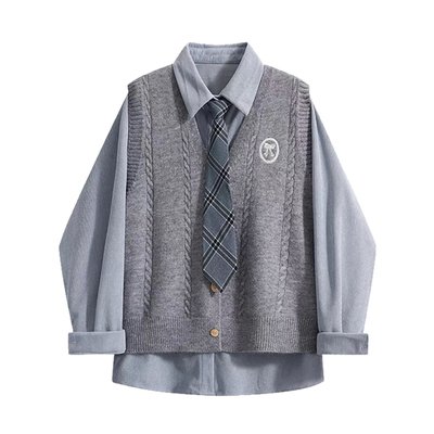 专柜学院风坎肩针织马甲女士秋冬叠穿长袖翻领衬衫带领带两件套装