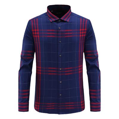 简约休闲长袖衬衫红蓝格全棉