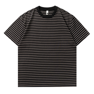 黑底细条纹重磅日系宽松五分袖T