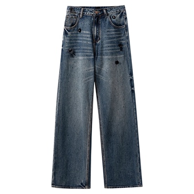 【拒绝平庸】重工烫钻 立体花朵装饰中高腰直筒宽松阔腿牛仔裤