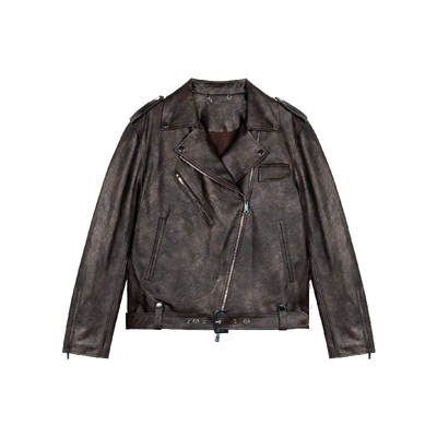 Unawares.复古美拉德做旧机车翻领擦色皮衣