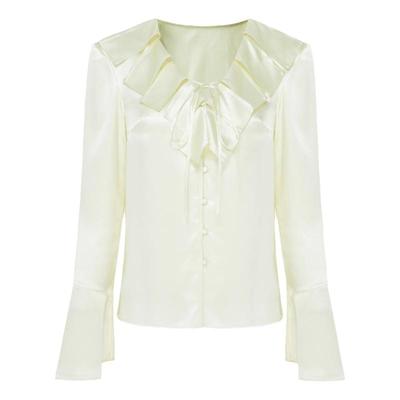 线上专享hply young夏季新款女v领荷叶边时髦上衣长袖多巴胺