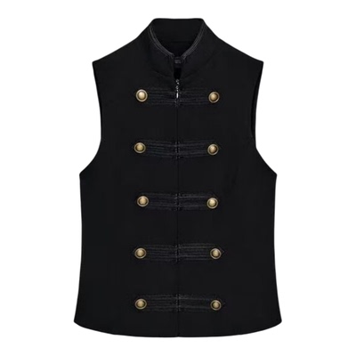 无袖双排扣装饰绳结扣饰修身背心