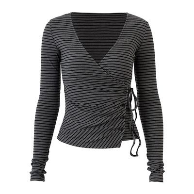 PynkiSwear 灰黑条纹/蓝灰条纹V领对叠式交叉系带修身长袖T恤上衣