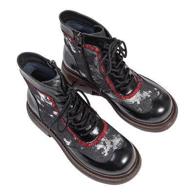 花边小圆头拼接复古轻甜真皮马丁