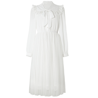 减龄蝴蝶结系带蕾丝花边领长袖