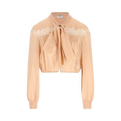 SAINT LAURENT 圣罗兰YSL 女士蝴蝶结蕾丝衬衫26早春新意大利代购