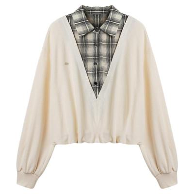 西町村屋拼接小衫女装2025秋季新款假两件格子韩系上衣XHAC10386