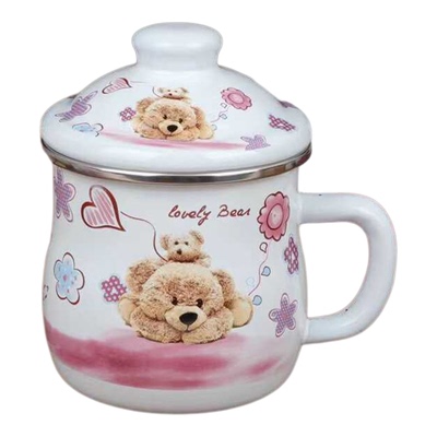 幼儿园带盖家用加厚茶缸搪瓷卡通
