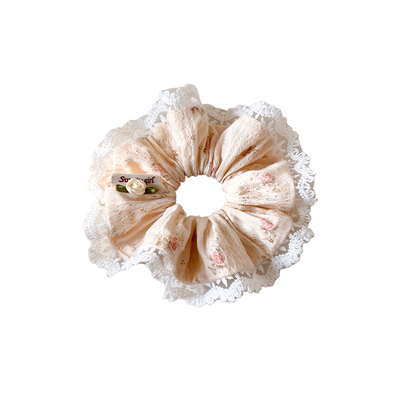 海棠春色~粉色碎花蝴蝶结蕾丝方巾大肠发圈女韩系大号头绳发饰夏