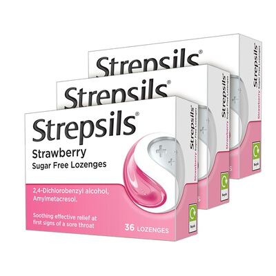Strepsils使立消缓解喉咙痛刀片嗓含片无糖草莓味嗓子润喉糖*3盒