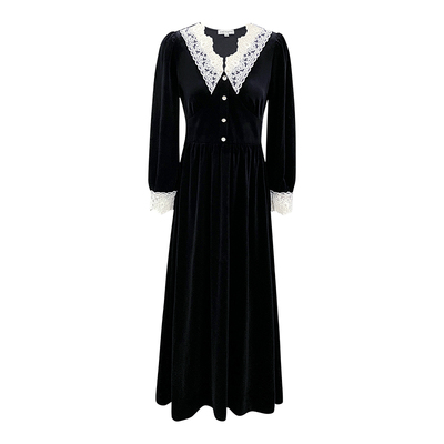 法式复古A字裙丝绒纯色蕾丝