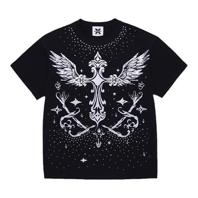 经典十字架翅膀烫银烫钻印花