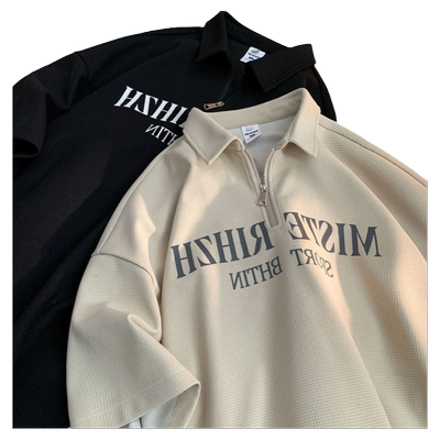 华夫格polo衫男短袖美式半拉链