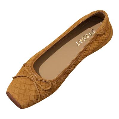 星期六真皮方头平底蝴蝶结单鞋